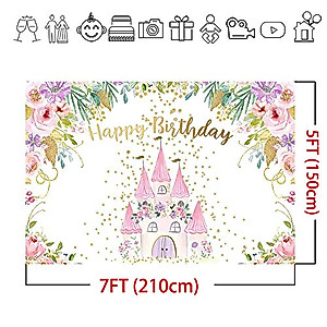 Mocsicka Pink Castle Birthday Backdrop Princess Floral Birthday Party Decorations Photo Backdrops Gold Dots Sweet Girl's Bday Photography Background (7x5ft)