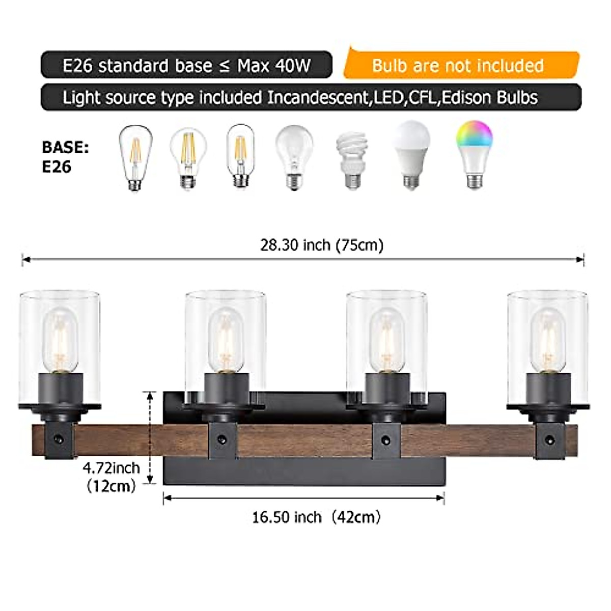 Farmhouse Rustic Bathroom Lighting Fixtures Over Mirror, Vintage Wood Vanity Lighting with Clear Glass, 4-Light Modern Industrial Wall Lamp for Bedroom,Living Room,Hallway