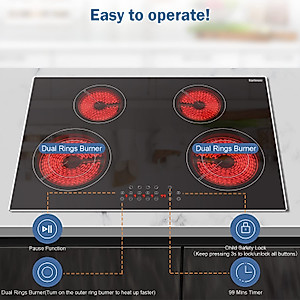 Karinear 30 Inch Electric Cooktop, 4 Burners Built-in Radiant Electric Stove Top, Ceramic Cooktop with Glass Protection Metal Frame, Kid Safety Lock, Timer, Pause, 7100W,240V Hardwire