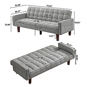 BIVVI Futon Sofa Bed Couch Linen Convertible Sleeper Sofa 73.62 Inch Long Folding Loveseat Couch w/Arms,Upholstered Lounge Sofá Daybed for Small Spaces Living Room, Apartment Office Dorm,Gray