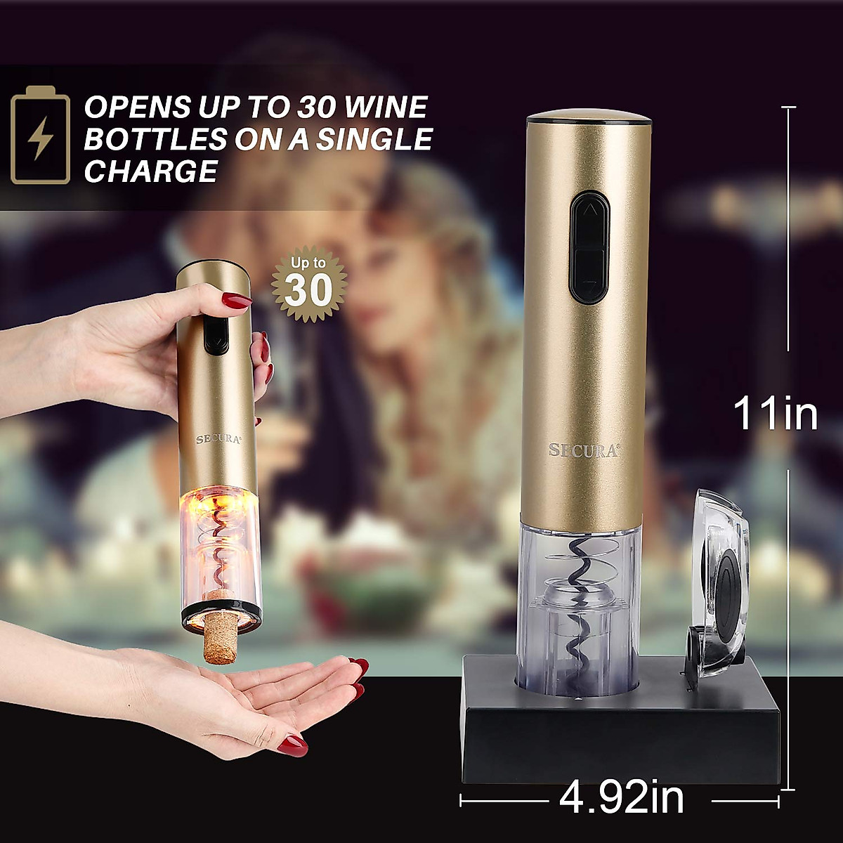 Secura Electric Wine Opener, Automatic Electric Wine Bottle Corkscrew Opener with Foil Cutter, Rechargeable (Champagne Gold)
