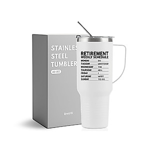 Onebttl Retirement Gifts for Men, Retirement Tumbler for Men 40oz Insulated Travel Cup with Handle, Retired Gifts for Dad, Grandpa, Friends, CoWorker (White, Schedule)