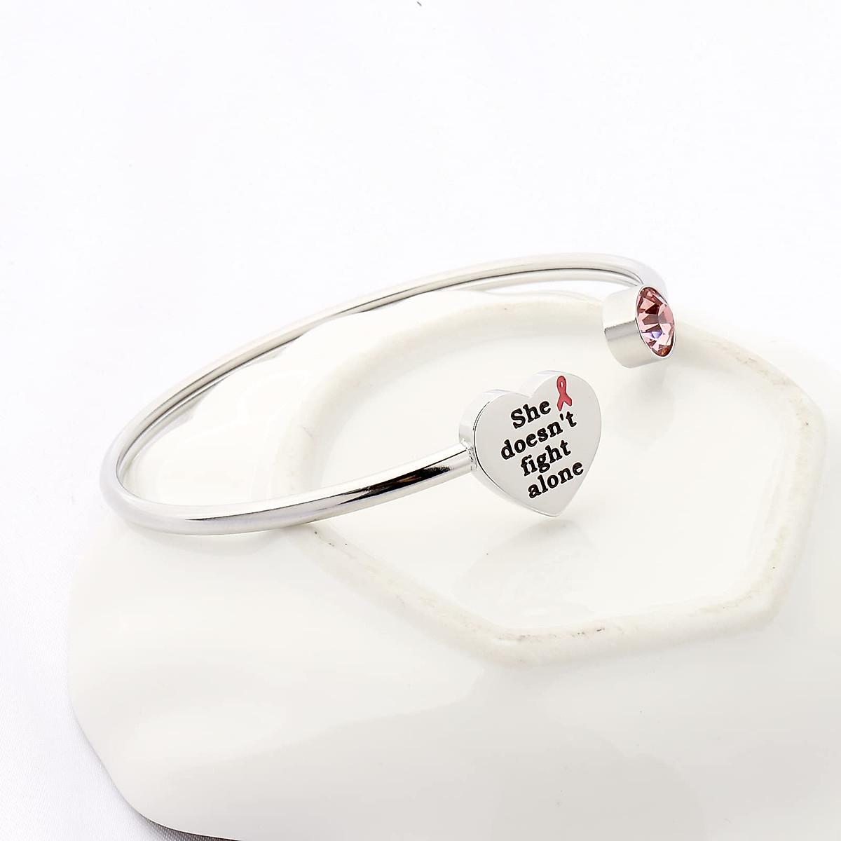 BNQL Breast Cancer Awareness Bracelet Cancer Awareness Jewelry Pink Ribbon Bracelet She Doesn’t Fight Alone (SILVER)