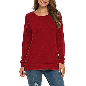 AUSELILY Womens Long Sleeve Tunic Tops Casual Loose Fit Sweatshirts Round Neck Pullover Blouse Sweatshirts with Pocket Ruby XL