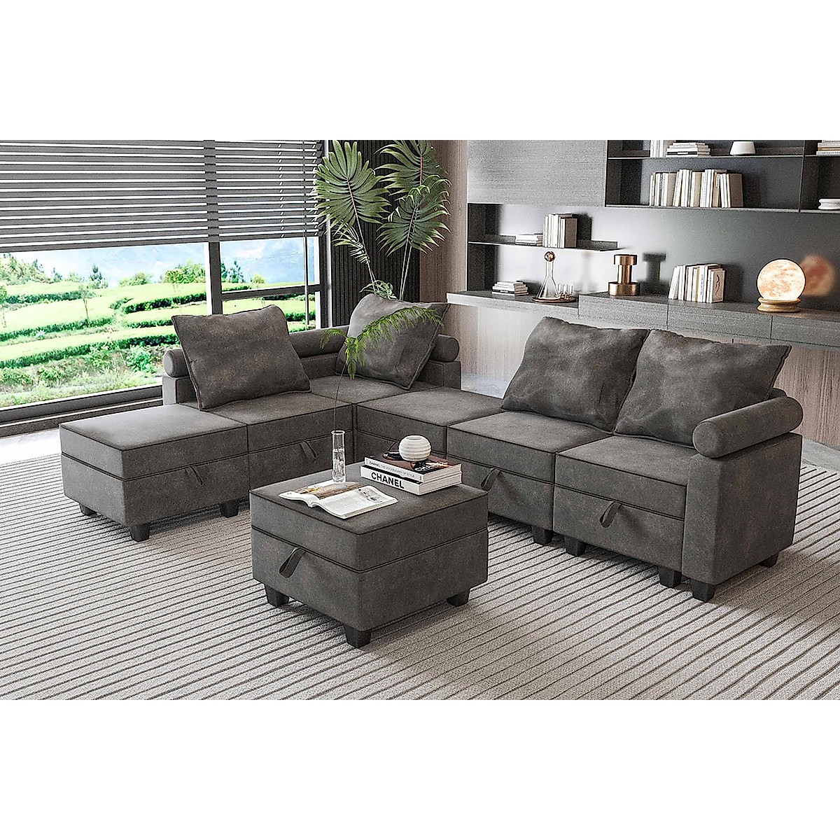 Tbfit Modular Sectional Sofa with Storage Ottoman, Convertible Oversized Couch with Reversible Chaises, Sleeper Sofa with Adjustable Arm for Living Room, 7 Seated, Dark Grey