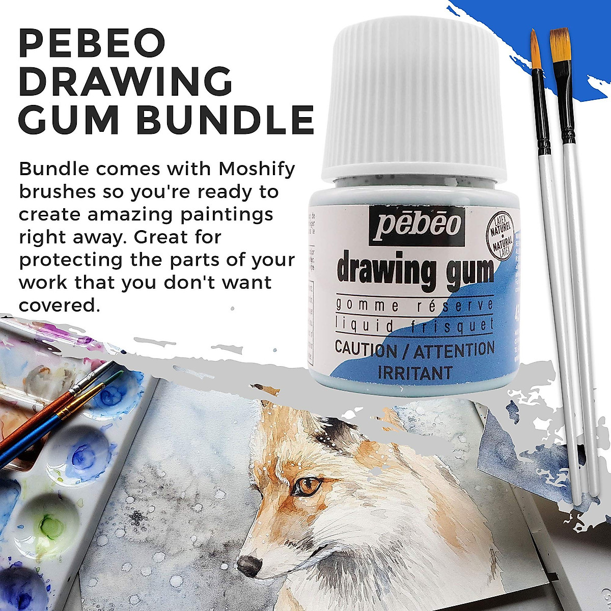 Pebeo Drawing Gum Made in France - Masking Fluid for Watercolor Painting and Various Art Projects - Bundled with Moshify Applicator Brush Set