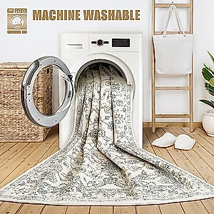 Area Rug Living Room Rugs - 5x7 Machine Washable Soft Farmhouse Boho Moroccan Floral Thin Rug Indoor Floor Carpet for Bedroom Under Dining Table Home Office Decor - Grey