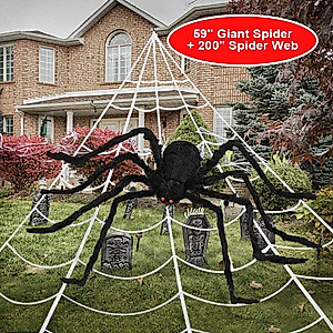 Halloween Giant Spider Decorations, 200" Spider Web Outdoor Halloween Decorations + 59" Giant Fake Spider for Indoor Home Costumes Party Haunted House Garden Ghost Halloween Yard Decor
