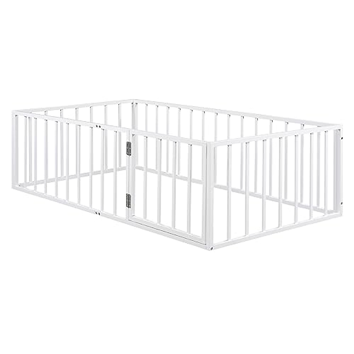 NCKMYB Kids Floor Bed Twin Size, Metal Montessori Bed with Rails and Door, Low Toddler Bed for Boy Girl, White