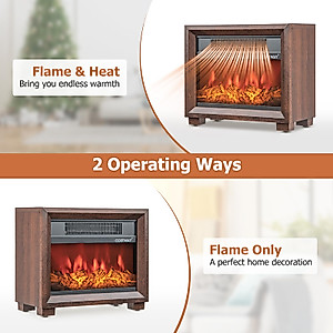 COSTWAY 13 Inch Small Electric Fireplace Heater, Mini Wooden Fireplaces Stove w/Vivid Flame Effect, Overheat Protection, 750W Portable Tabletop Fireplace for Indoor Use, Living Room, Bedroom, Brow