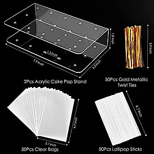 2Pack Upgraded Acrylic Cake Pop Display Stand 15 Hole Clear Acrylic Lollipop Holder with 50Pcs Lollipop Sticks, 50Pcs Packaging Bags and 50Pcs Gold Metallic Twist Ties