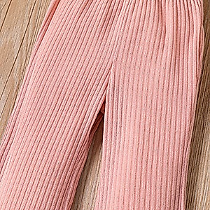 PATPAT Toddler Girl Ribbed Bell Bottom Flare Pants Solid Color Casual Elastic Waist Wide Leggings Trousers 2 Years Apricot