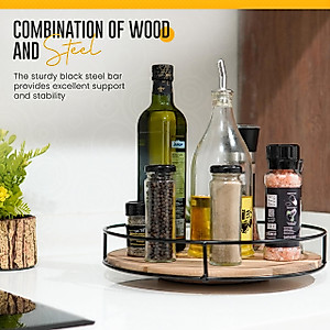 DECORSTATION Wooden Lazy Susan Organizer, 12.5 Inches - Round Lazy Susan for Table, Artistic Acacia Wood with Sturdy Black Steel Bar - 360 Degree Smooth Rotating – Suitable for Countertops & Cabinets