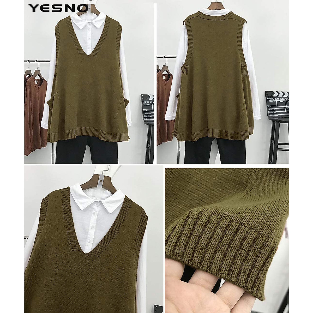 YESNO Sweater Vest Women Loose Swing Cotton Cute Oversized Knit Pullover Sleeveless Sweater Tops with Drop Pockets 3XL WM9 Olive