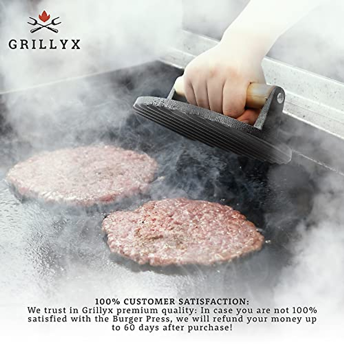 Grillyx Cast Iron Burger Press with Birchwood Handle - (ø7) - Smash Burger Press - Hamburger Press Incl. 50 Sheets of Burger Press Patty Maker Paper