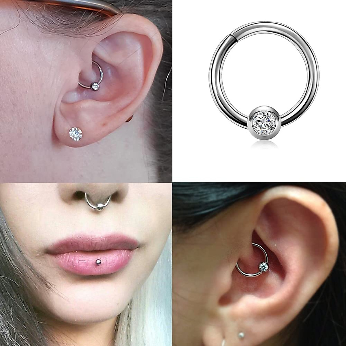 QWALIT Cartilage Earrings Hoop 16G Helix Daith Tragus Piercing Jewelry Stainless Steel CBR Hinged Clicker Septum Ring CZ Sleeper Hoop Earrings