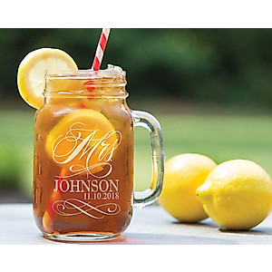 Custom Etched Mr. Mrs. Personalized Mason Mugs with Handle With Last Name and Date Set of 2, Clear