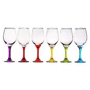 Trinkware Colored Stem Wine Glasses Set of 6 - Multi Yellow, Orange, Purple, Blue, Red, Green - Fun Party Wine Goblets -11oz