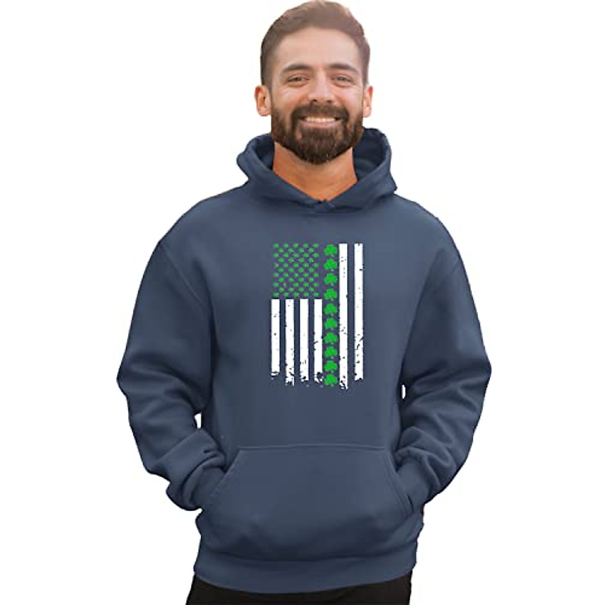 Go All Out Large Vintage Heather Navy Mens St. Patrick's Day Irish Shamrock American Flag Sweatshirt Hoodie
