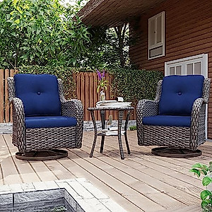 MeetLeisure Outdoor Swivel Rocker Wicker Chairs Set of 3, High Back Swivel Patio Chairs Wicker Furniture Set, 2PCS Rattan Swivel Rocking Chair with Side Table(Mixed Grey/Blue)
