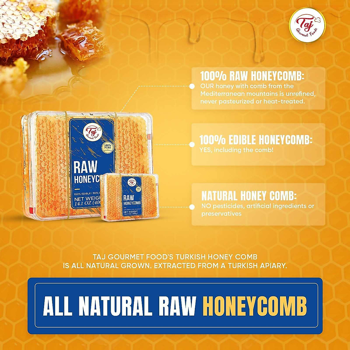 Taj Gourmet All Natural Raw Honeycomb 100% Honey Pure Turkish Raw Honey Comb -100% All Natural Edible Honey Combs Raw Edible - Perfect For Healthy Smoothies Honey With Honeycomb, 200g (7.05oz)