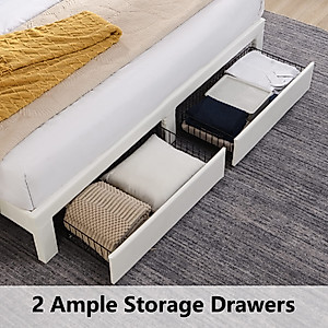 XKLOGER Upholstered Bed Frame King Size with Headboard, Platform King Bed Frame with Storage Drawers & Charging Station, No Box Spring Needed/Noise Free/Heavy Duty/White