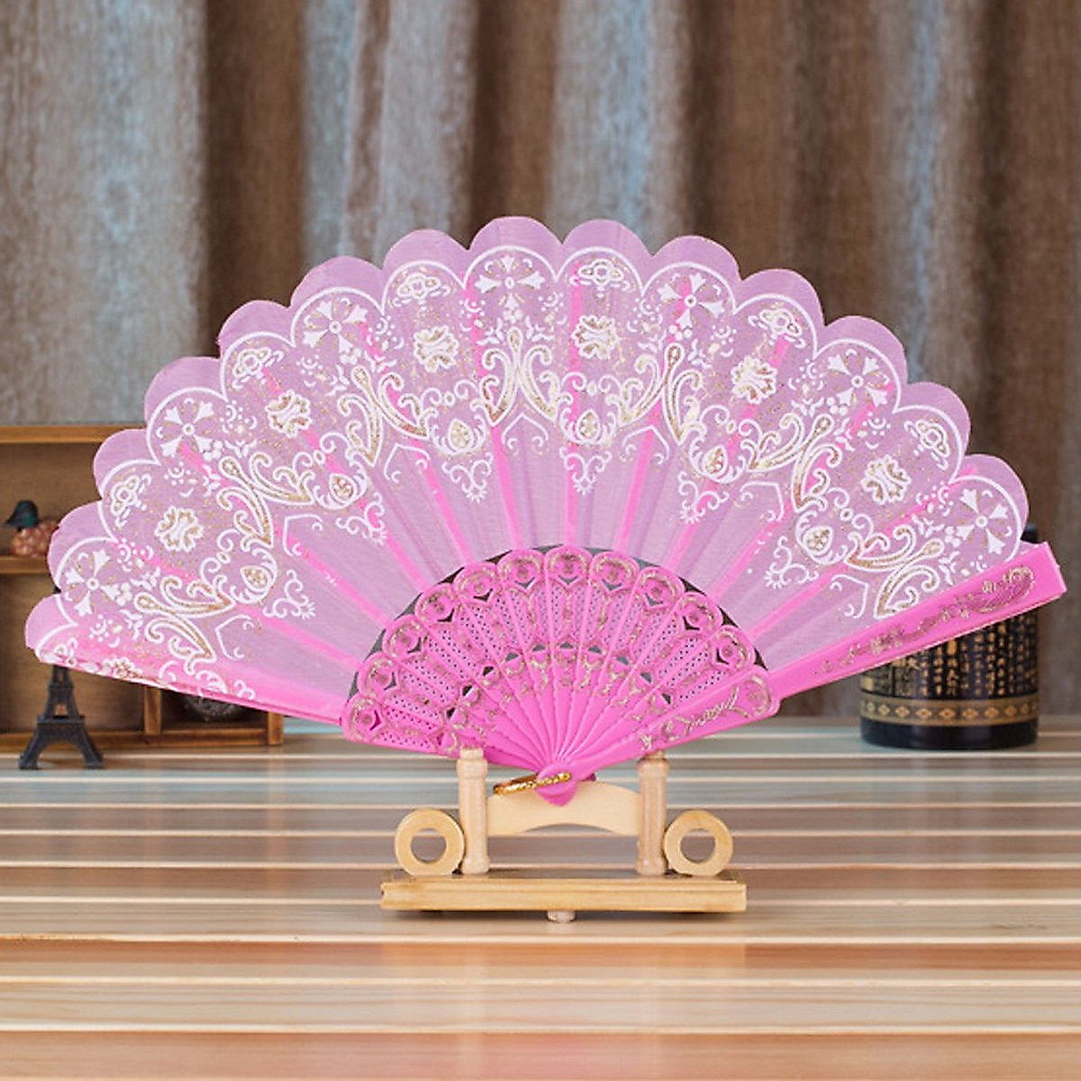DUO ER Chinese/Spanish Style Dance Wedding Party Lace Silk Folding Hand Held Flower Fan (Color : Blue)