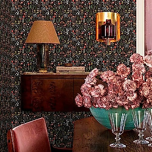 BEETAL Fairytale Forest Boho Mushroom Peel and Stick Wallpaper Dark Black Esay Peel Off Contact Paper Vintage Self Adhesive Removable Stick on Wall Paper for Kitchen Cabinet Furniture Renter Friendly