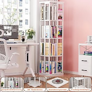 Aheaplus Rotating Bookshelf, Corner Bookshelf, 360 Display Wood Spinning Bookshelf, Floor Standing Bookcase Narrow Shelf Revolving Organizer Storage Rack for Small Space, Bedroom, Study Room, White