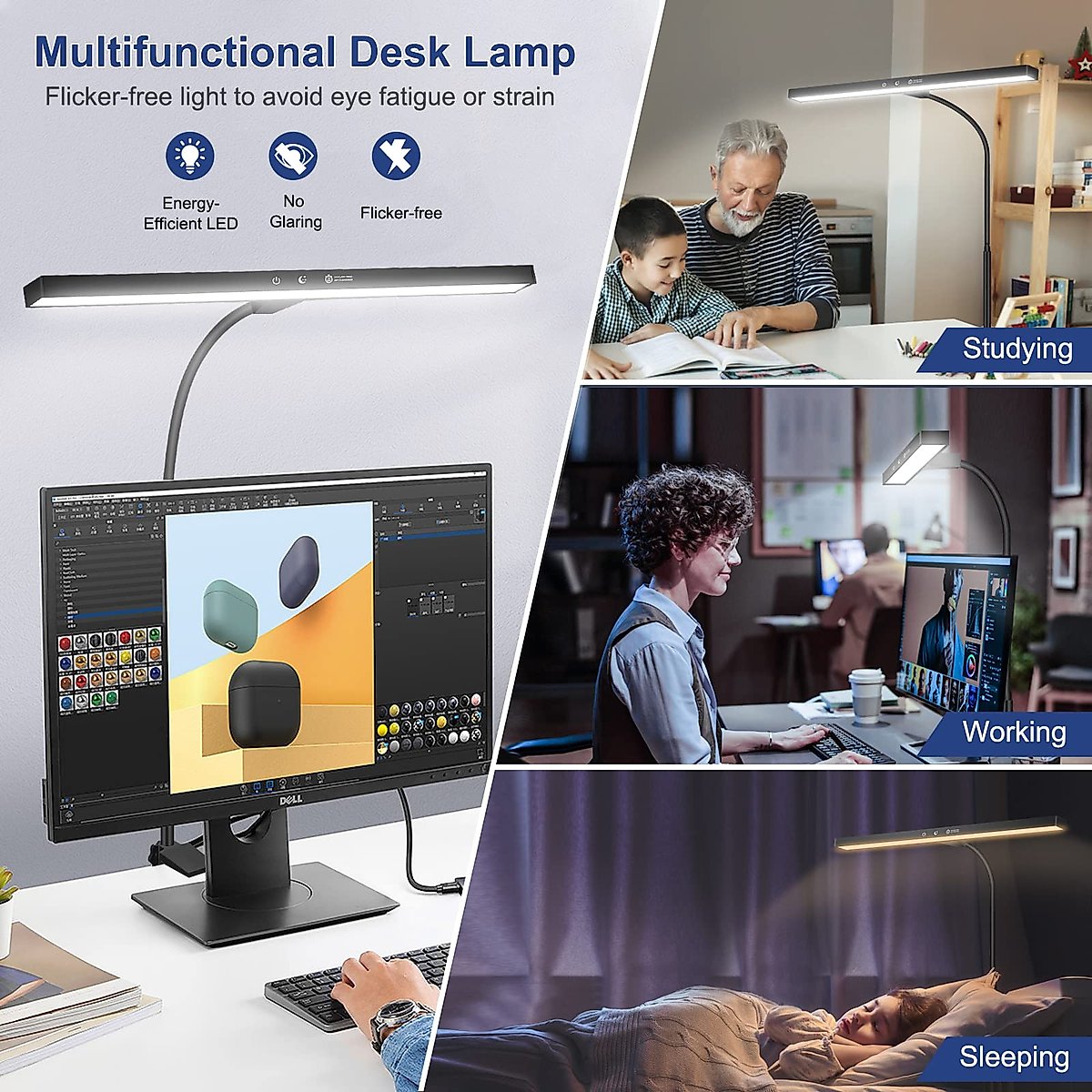 NEWACALOX Desk Lamps for Home Office, LED Desk Lamp with Touch Control and Night Light Function, Architect Task Lamp with 16-inch Long Lamp Head, 3 Modes 10 Brightness Gooseneck Desk Light