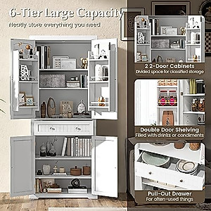 SILKYDRY 72" Tall Kitchen Pantry Cabinet, Freestanding Cupboard w/ 4 Doors & 1 Drawer, 6 Hanging Shelves & 4 Adjustable Shelves, Versatile Storage Cabinet for Dining Room, Laundry, Living Room, White