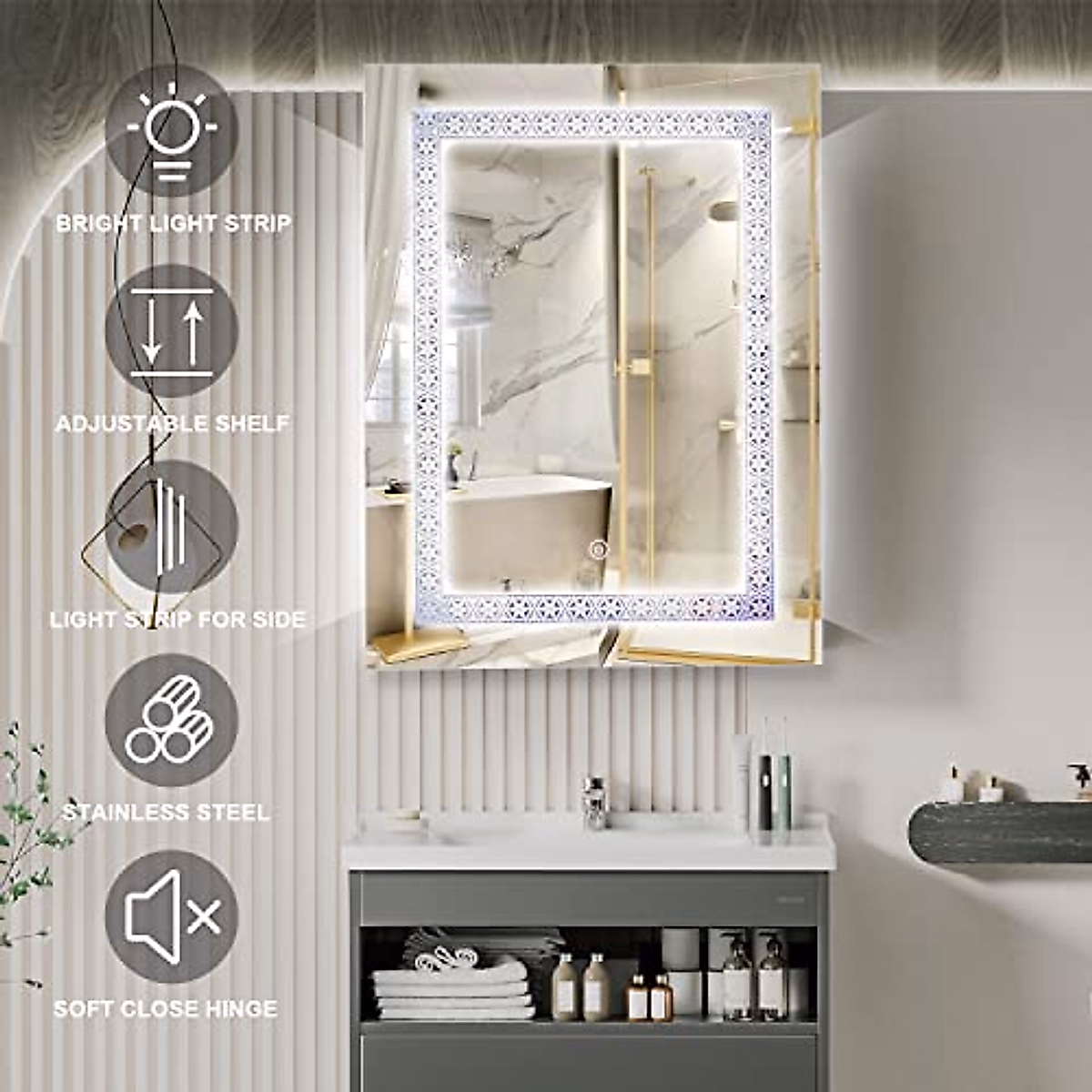 Janboe Illuminated Medicine Cabinet 24×28 Inch,Stainless Steel Medicine Cabinet with Light,Bathroom Mirror Cabinet,with Side Lighting and Side Mirror