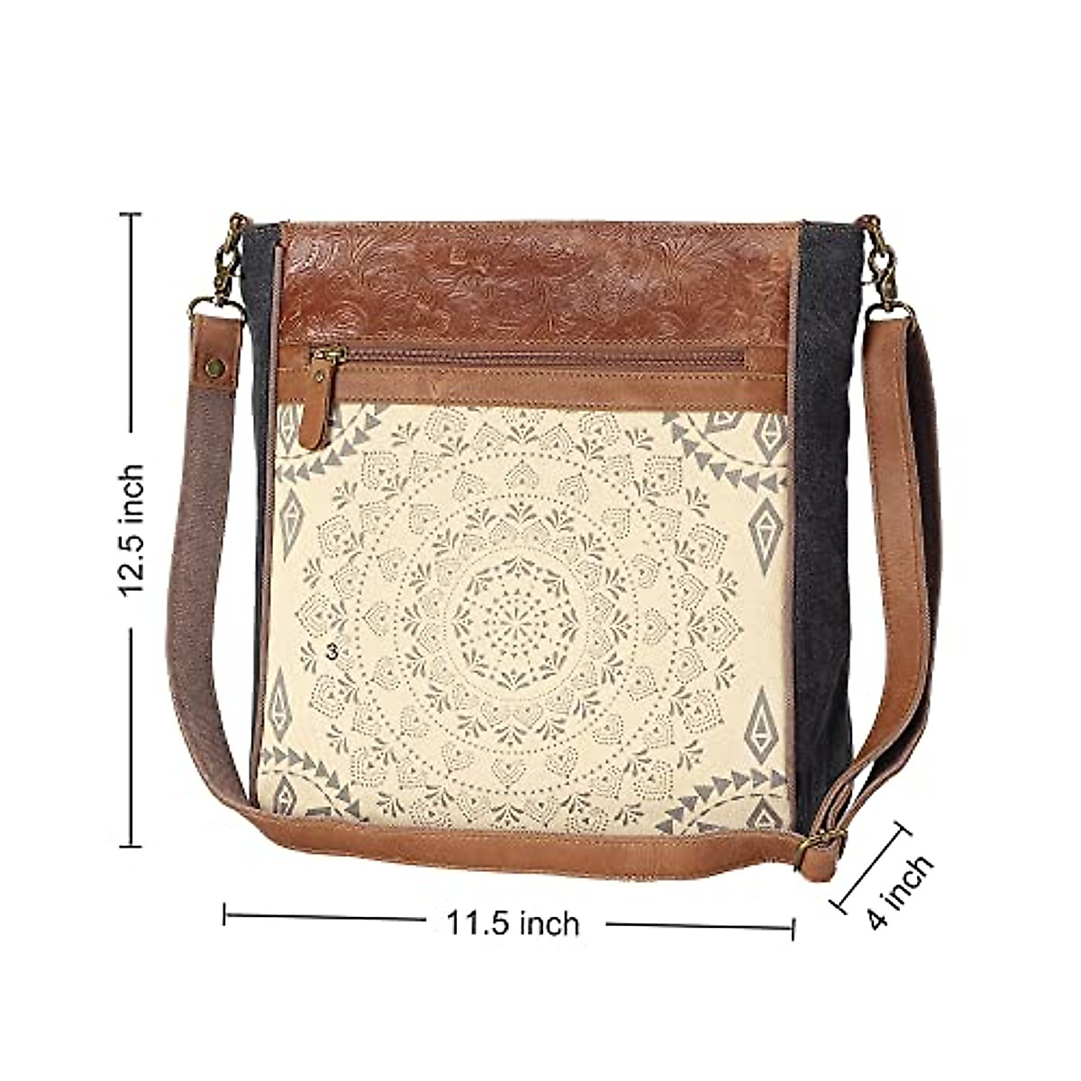 ANNGOTI Canvas & Cowhide Shoulder Bag for Women, Vintage Style with Genuine Leather, Handmade Print Crossbody Bag with Zipper Top & Adjustable Strap