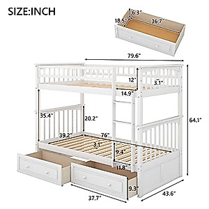 GLORHOME Twin Over Twin Wood Convertible Bunk Bed with Storage Drawers and Full Length Safety Guard Rails,Space Saving Bedroom Furniture, Can Be Converted into 2 Beds