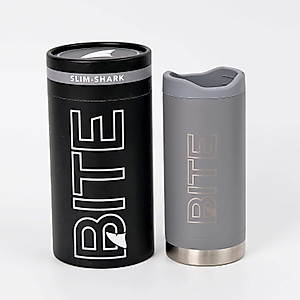 BITE Slim Shark Drink cooler| For slim can beverages. Built-in patent-pending opener. Beer, Seltzer, Soda, and Energy Drinks. | Gray