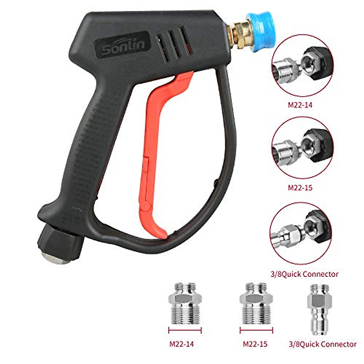 Sooprinse High Pressure Washer Gun 4000psi, High Pressure Spray Gun with 5 Quick Connect Nozzles,G1/4 Quick Connector Outlet with 3 pcs inlet adapters G3/8 quick connector, M22-14mm, M22-15mm