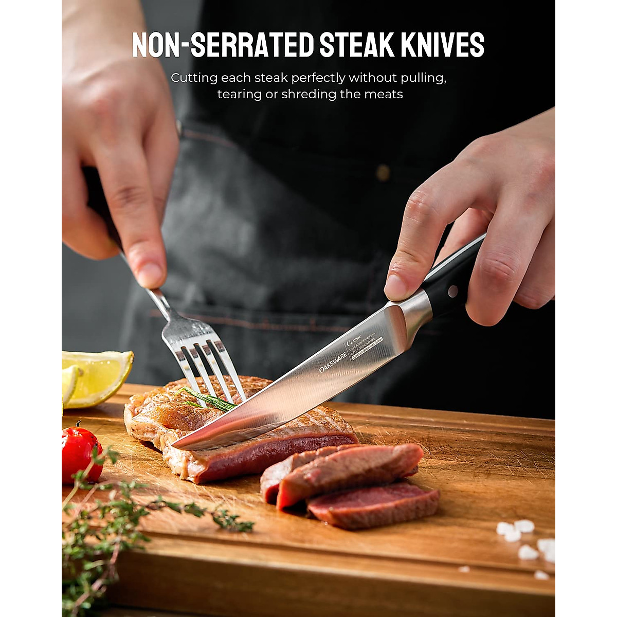 OAKSWARE Steak Knives Set of 8 with Walnut Block, 5 inch Non Serrated Steak Knife Set, 8 Pieces Straight Edge Kitchen Steak Knives - Forged German Steel - Full Tang Handle