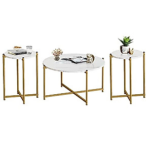 AWQM Faux Marble Coffee Table Set of 3, 1 Coffee Table & 2 Sofa Table, Round Tabletop and Metal Cross Base Frame,Perfect for Living Room Apartment, White & Gold