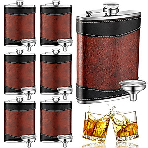 Rtteri 8 oz Leather Hip Flasks for Liquor for Men Leak Proof Stainless Steel Drinking Flasks with Funnel Soft Wrap Whiskey Vessels for Wedding Bridesmaid Christmas Gifts(Brown,6 Set)