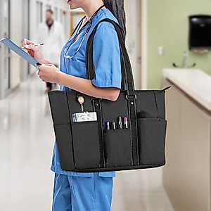 Damero Nurse Tote Bags, Nurse Bag with Padded Laptop Sleeve and Mutiple Pockets for Work, Home Health Care, Black