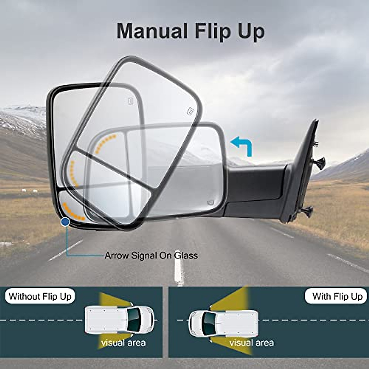 Adanz Towing Mirrors fit for 2009-2018 Dodge Ram 1500 2500 3500 Pickup Truck Power Heated Temperature Sensor Arrow Signal on Glass Puddle Lamp Foldaway