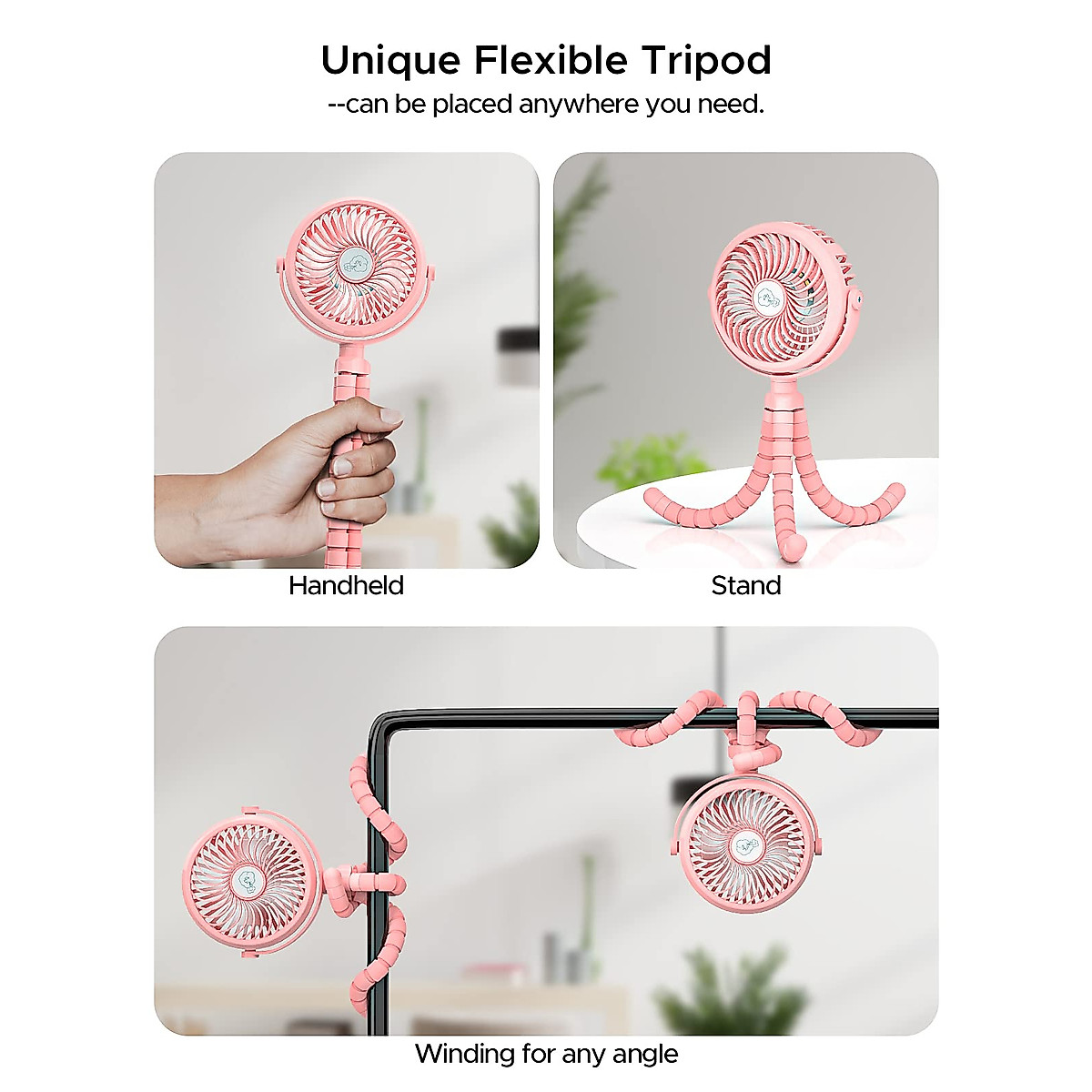 Creiv Stroller Fan, Baby Stroller Fans Clip On Car Seat, Battery Operated Portable Fan with 3 Level Wind Speeds and LED Lighting Available for Stroller, Car Seat and more