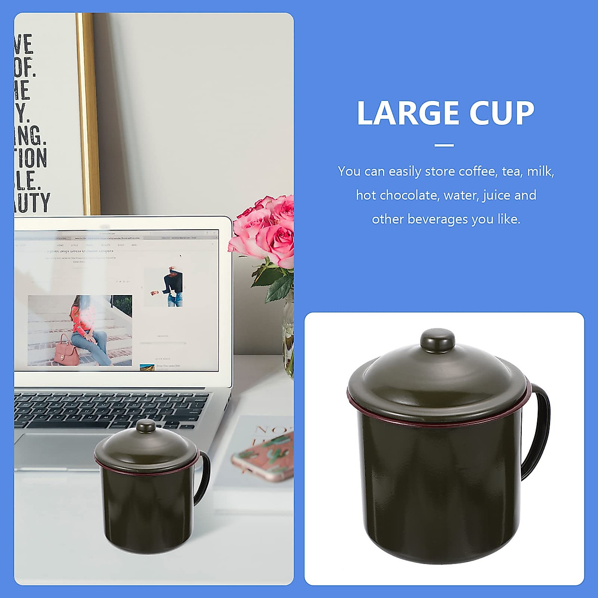 Garneck Enamelware Coffee Mug Enamel Camping Mug Vintage Iron Metal Water Cup with Lid Retro Wine Cup Drinking Tumbler for Tea Milk Juice Beverage Whiskey Green 12cm