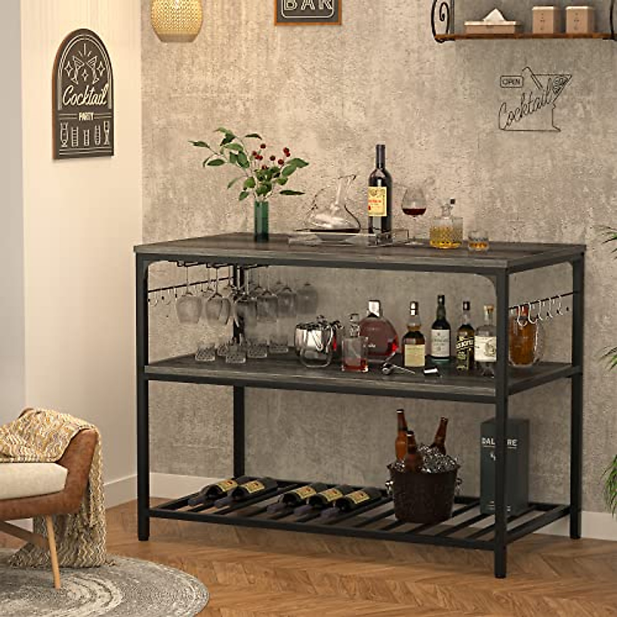Homieasy Kitchen Island with Wine Glass Holder, Industrial Wood and Metal Coffee Bar Wine Rack Table, 3 Tier Spacious Kitchen Prep Table Extended Counter with Hooks Easy to Assemble, Black Oak