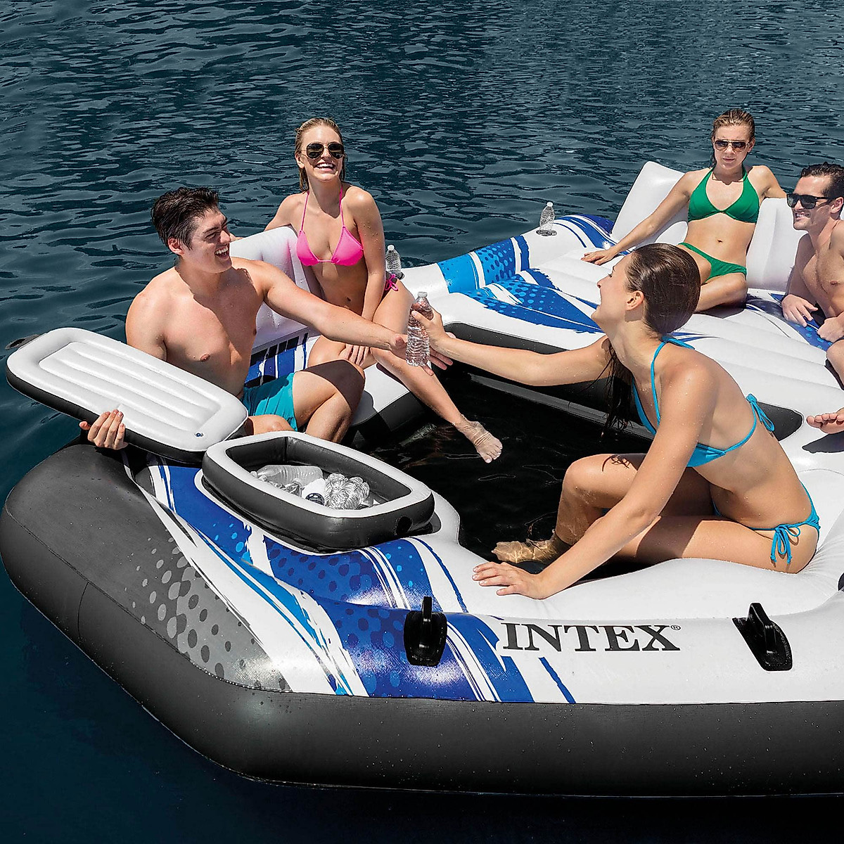 Intex Blue Tropic Inflatable 5 Person Raft or Swimming Pool Island Water Floating Lounger Raft with Backrests, Built in Cooler, and 4 Cupholders