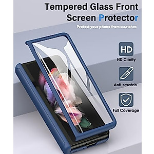 ATATOO for Samsung Galaxy Z Fold 3 Case, Z Fold3 Case Built-in Screen Protector & Hinge Protection & Kickstand, Durable Anti-Scratch Full Body Protection Leather Phone Case for Galaxy Z Fold 3,Blue