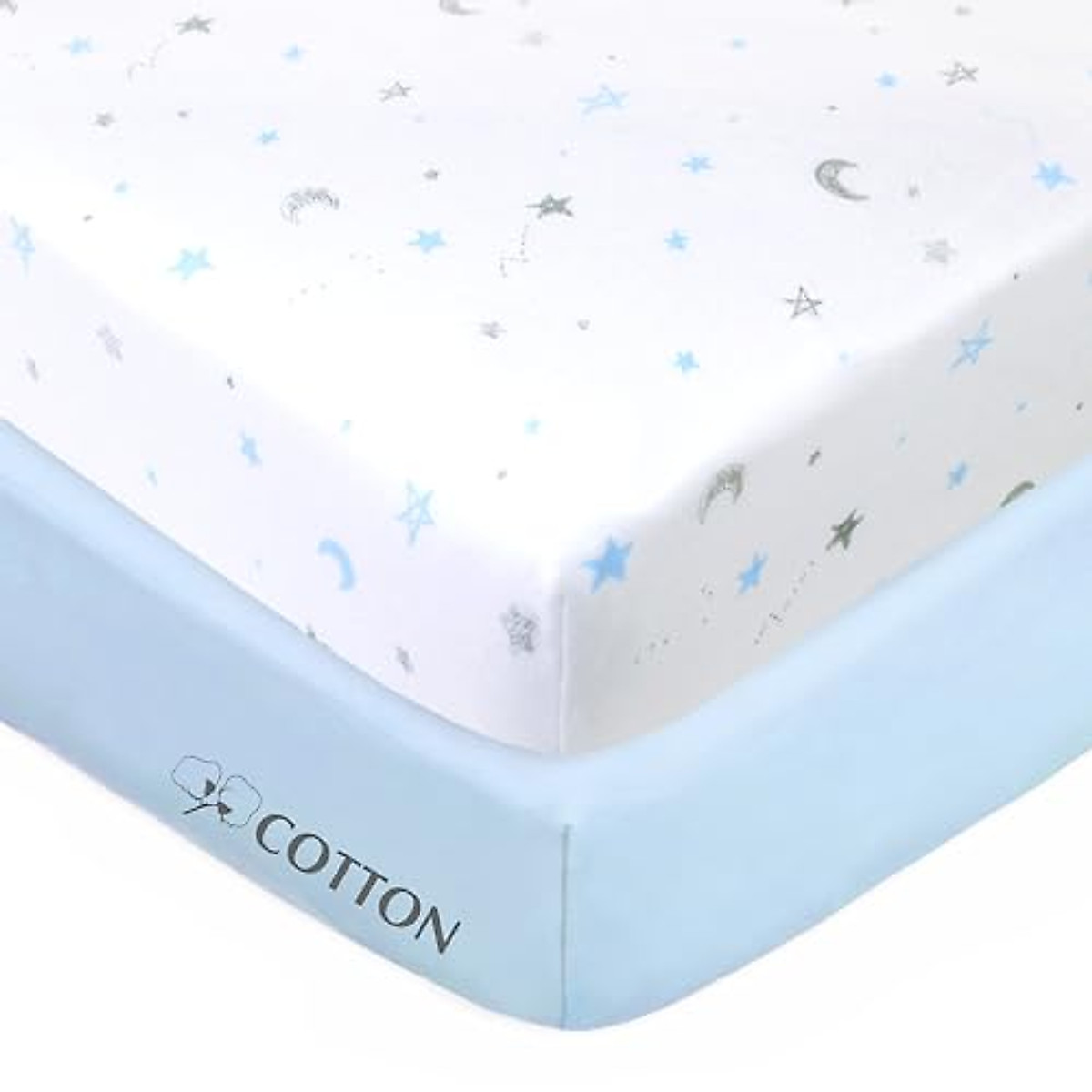 American Baby Company 2 Pack Fitted Crib Sheets 28" x 52", Soft Breathable Neutral 100% Cotton Jersey Sheet, Blue Stars and Blue, for Boys and Girls, Fits Crib and Toddler Bed mattresses