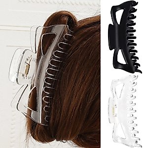 Claw Clips for Thick Hair,CEELGON Hair Clips for Women Large Claw Clip 5.5 Inches Pack of 2 (Black,Clear)