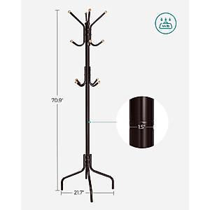SONGMICS Coat Rack Freestanding, Metal Coat Rack Stand with 12 Hooks and 4 Legs, Coat Tree, Holds Clothes, Hats, and Bags, for Entryway, Living Room, Bedroom, Coffee Brown URCR031Z01