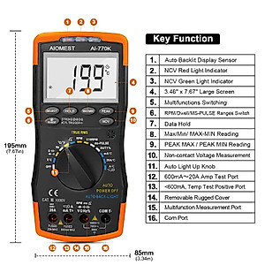 AIOMEST AI-770K Automotive Digital Multimeter Engine Analyzer,True-RMS 6000 Count DMM Meter for Dwell Angle, RPM, Injection Pulse,AC/DC Amps Volt Ohm Temperature Multi-Tester
